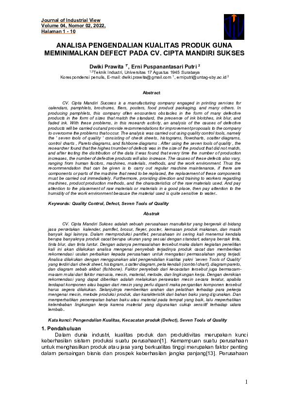 (PDF) Analisa Pengendalian Kualitas Produk Guna Meminimalkan Defect ...