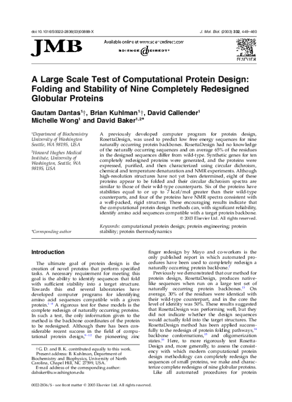 (PDF) A Large Scale Test of Computational Protein Design: Folding and ...