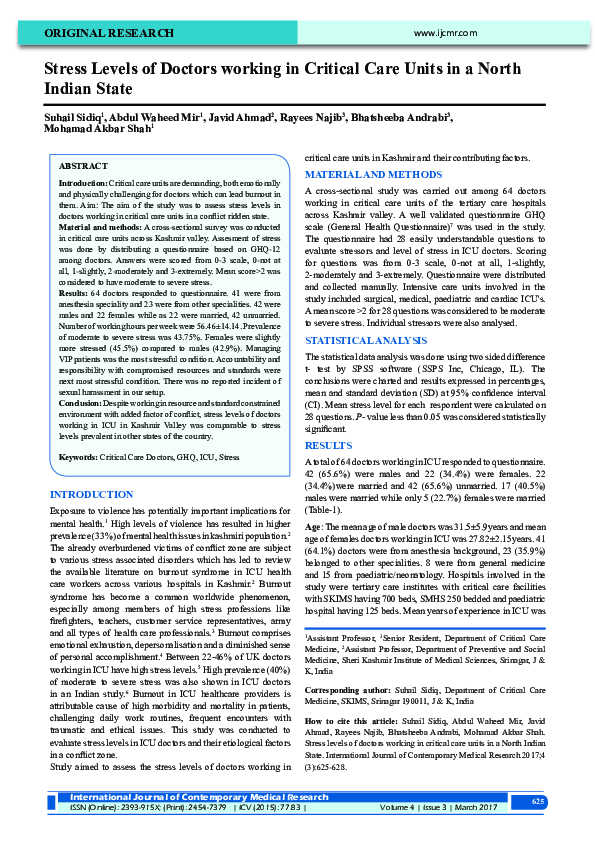 (PDF) Stress Levels of Doctors working in Critical Care Units in a ...