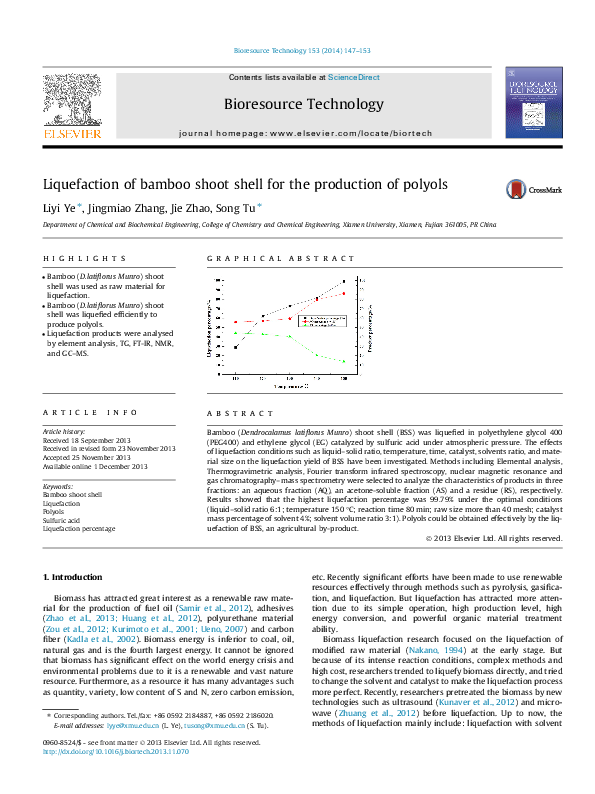 (PDF) Liquefaction of bamboo shoot shell for the production of polyols