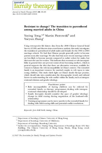 (PDF) Resistant to change? The transition to parenthood among married adults in China