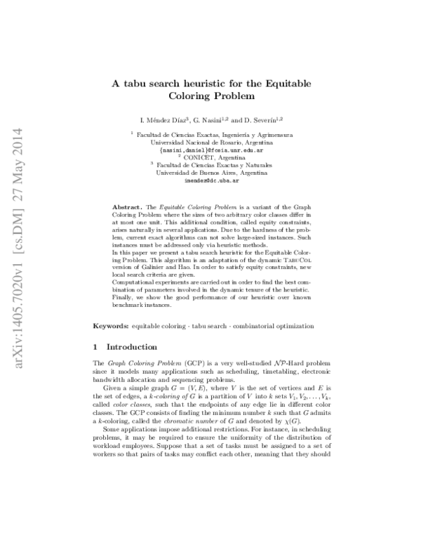 Pdf A Tabu Search Heuristic For The Equitable Coloring Problem Isabel Méndez Díaz
