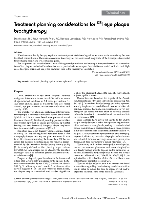 (PDF) Optimizing 125I Eye Plaque Brachytherapy Plans