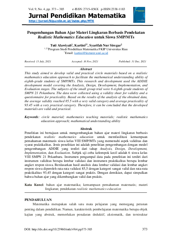 (PDF) Pengembangan Bahan Ajar Materi Lingkaran Berbasis Pendekatan Realistic Mathematics ...