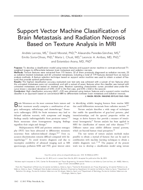 (PDF) Support vector machine classification of brain metastasis and radiation necrosis based on ...