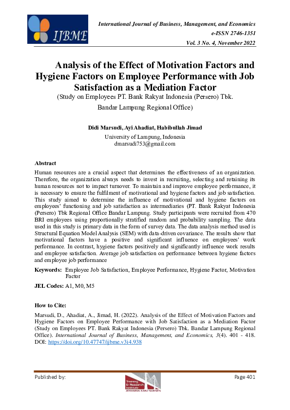 (PDF) Analysis of the Effect of Motivation Factors and Hygiene Factors on Employee Performance ...