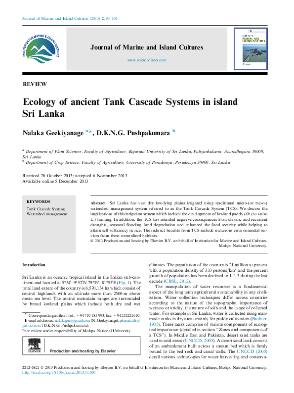 (PDF) Ecology of ancient Tank Cascade Systems in island Sri Lanka