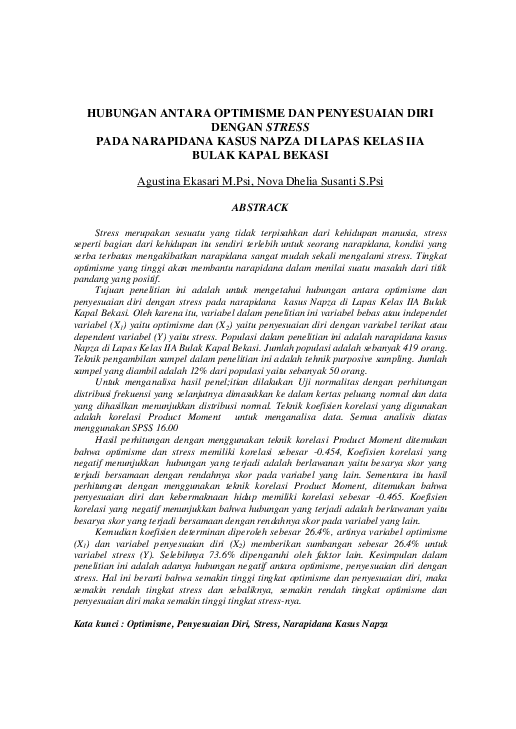 (PDF) Hubungan Antara Optimisme Dan Penyesuaian Diri Dengan Stress Pada Narapidana Kasus Napza ...
