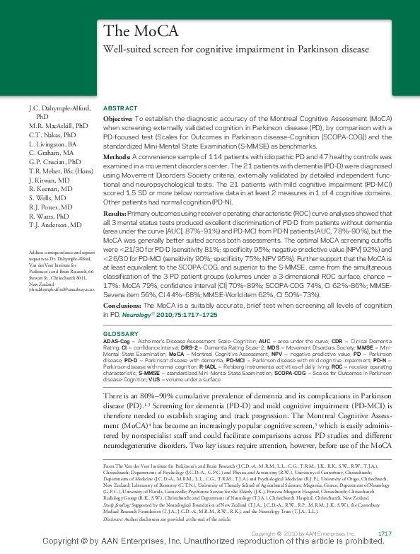(PDF) The MOCA: Well-suited screen for cognitive impairment in ...