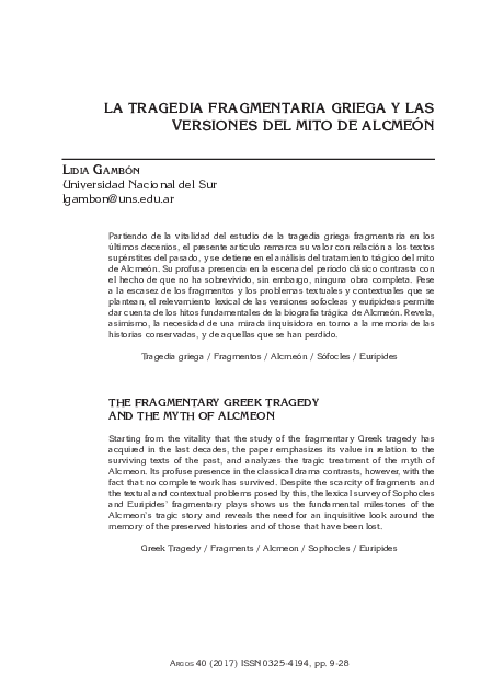 (PDF) La Tragedia Fragmentaria Griega y Las Versiones Del Mito De Alcmeón