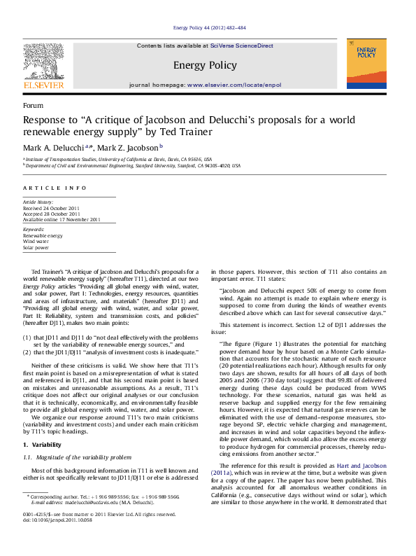 (PDF) Response to “A critique of Jacobson and Delucchi's proposals for ...