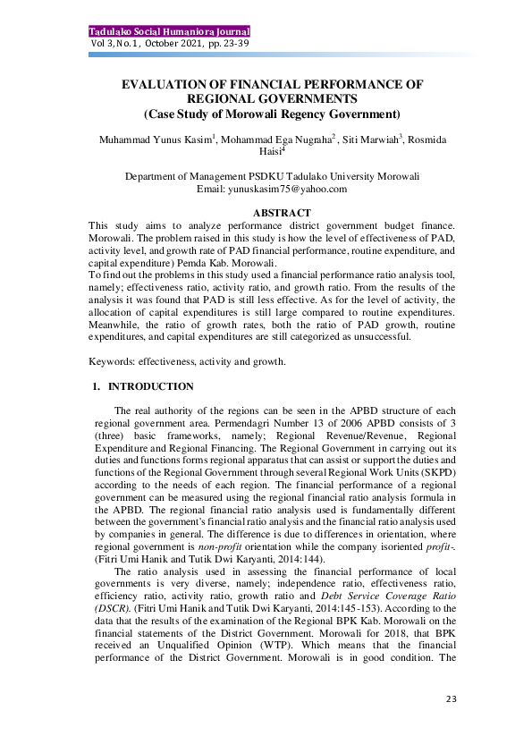 (PDF) EVALUASI KINERJA KEUANGAN PEMERINTAH DAERAH (Studi Kasus ... (PDF) EVALUASI KINERJA KEUANGAN PEMERINTAH DAERAH (Studi Kasus ...