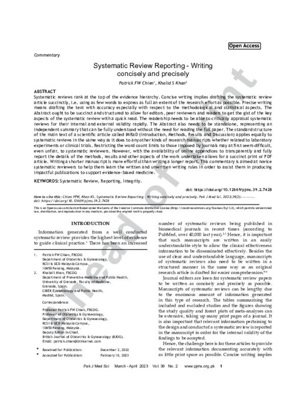 (PDF) Systematic Review Reporting - Writing concisely and precisely