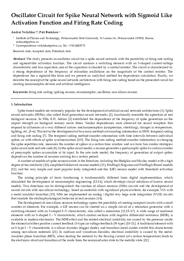 (PDF) Oscillator Circuit for Spike Neural Network with Sigmoid Like ...