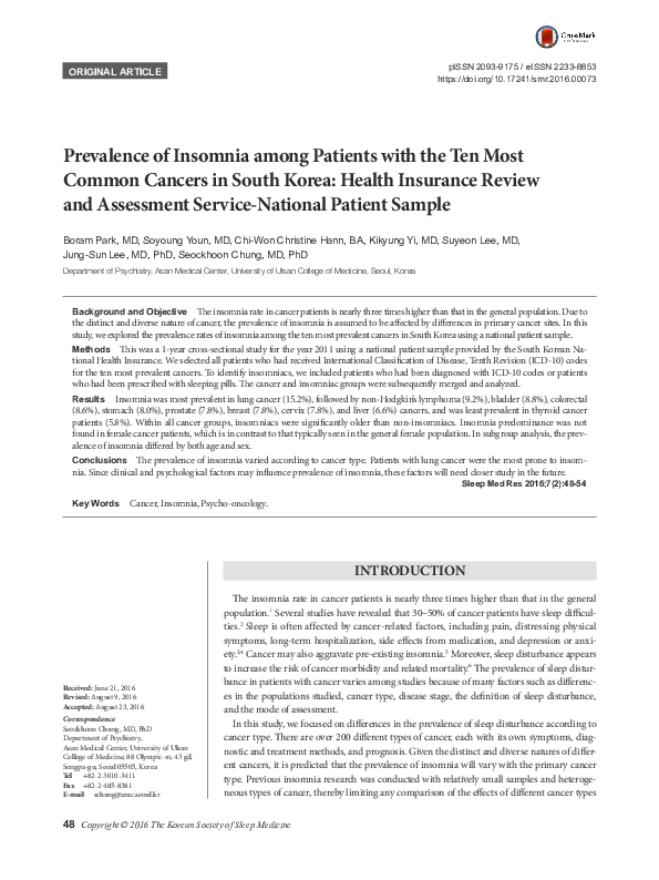 (PDF) Prevalence of Insomnia among Patients with the Ten Most Common ...