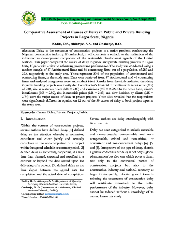 (PDF) A Comparative Assessment of Causes of Delay in Public and Private Building Projects in ...