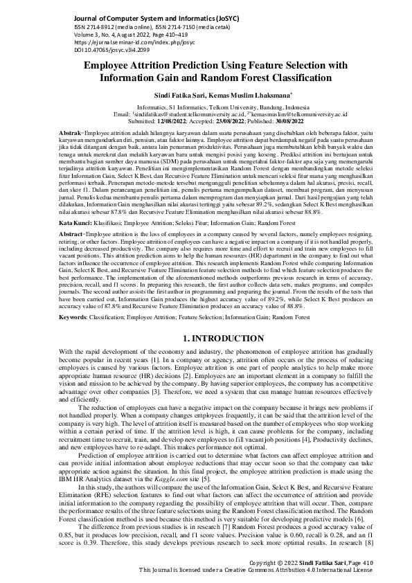Pdf Employee Attrition Prediction Using Feature Selection With Information Gain And Random