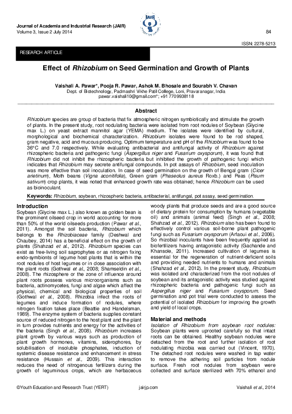 Effect Of Rhizobium On Seed Germination And Growth Of Plants