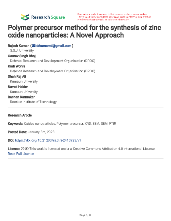 (PDF) Polymer precursor method for the synthesis of zinc oxide ...