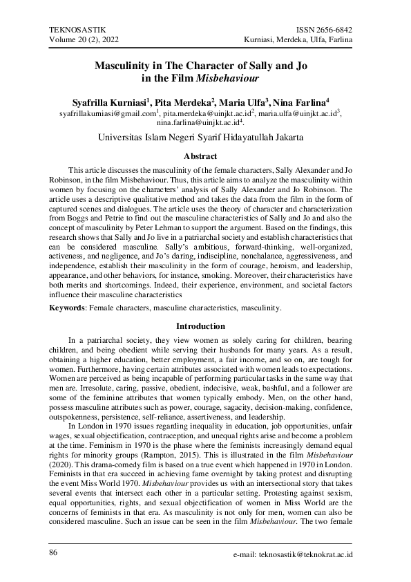 (PDF) Masculinity in The Characters of Sally and Jo in The Film ...