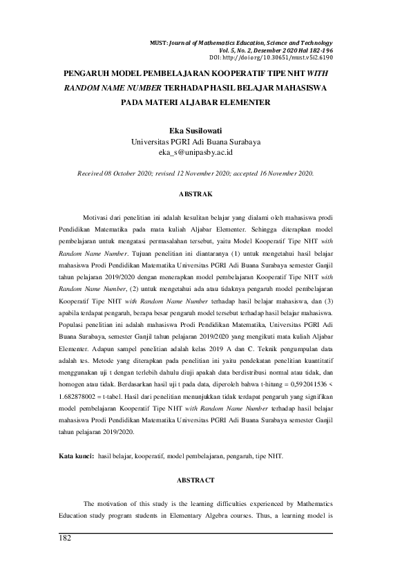 (PDF) Pengaruh Model Pembelajaran Kooperatif Tipe NHT with Random Name Number terhadap Hasil ...