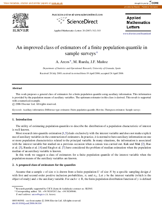 Pdf An Improved Class Of Estimators Of A Finite Population Quantile