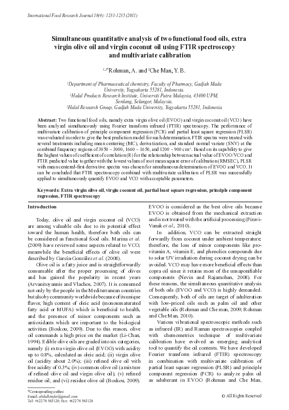 (PDF) FTIR Spectroscopy for Simultaneous Quantification of EVOO and VCO