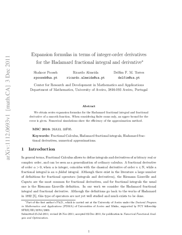 (PDF) Expansion Formulas in Terms of Integer-Order Derivatives for the ...