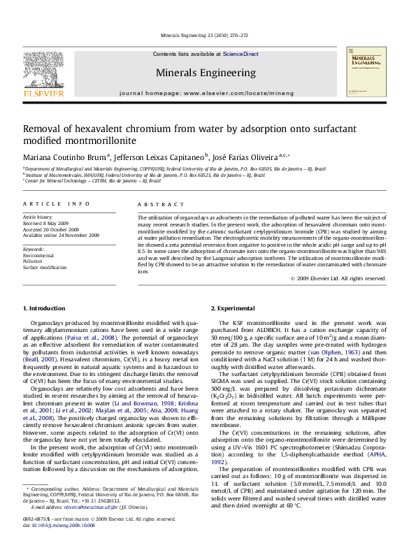 (PDF) Removal of hexavalent chromium from water by adsorption onto ... (PDF) Removal of hexavalent chromium from water by adsorption onto ...