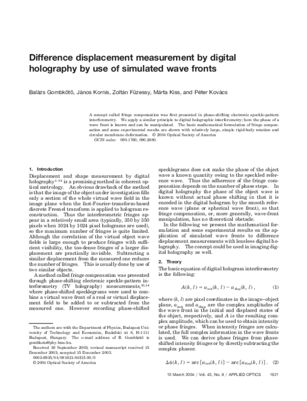 (PDF) Difference Displacement Measurement by Digital Holography by Use of Simulated Wave Fronts