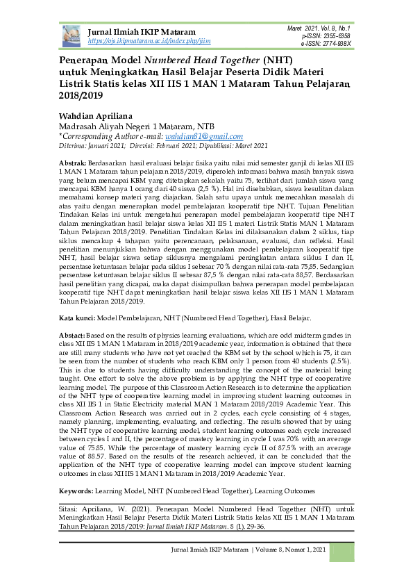 (PDF) Penerapan Model Numbered Head Together (NHT) untuk Meningkatkan Hasil Belajar Peserta ...
