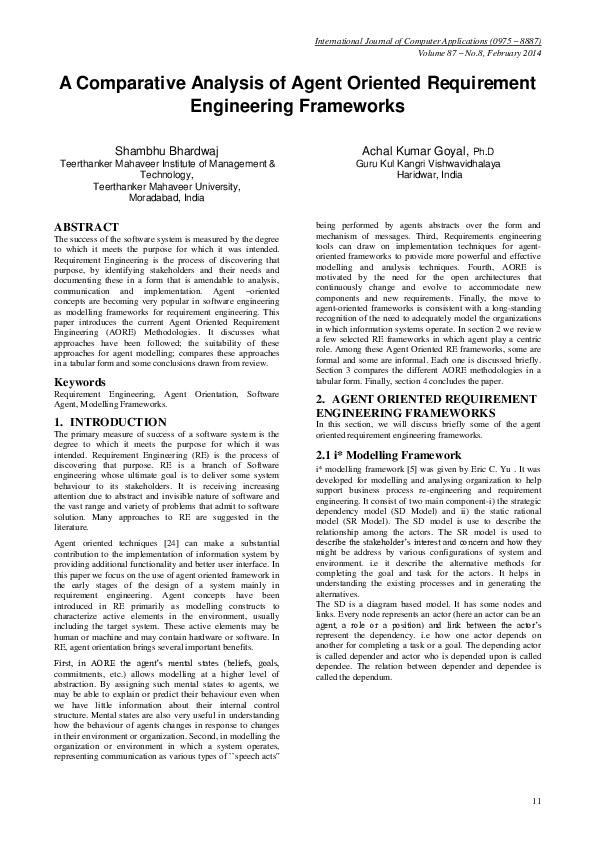 (PDF) A Comparative Analysis of Agent Oriented Requirement Engineering Frameworks