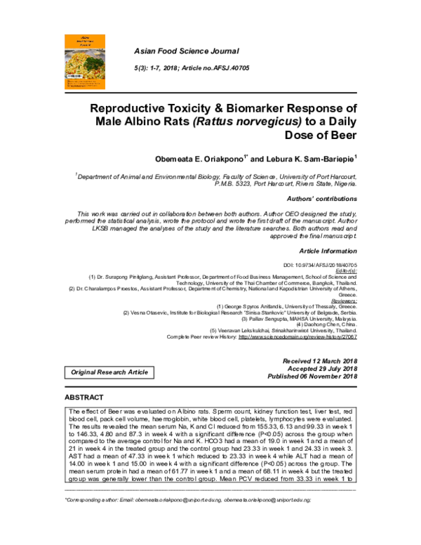 (PDF) Reproductive Toxicity & Biomarker Response of Male Albino Rats ...