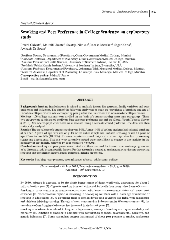 (PDF) Smoking and Peer Preference in College Students: an exploratory study