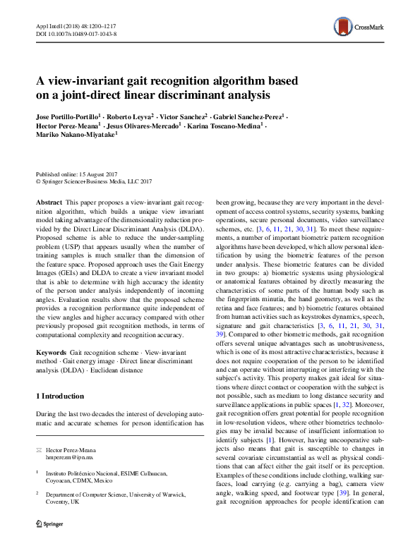 Pdf A View Invariant Gait Recognition Algorithm Based On A Joint