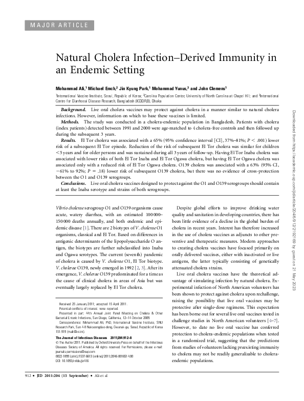 (PDF) Natural Cholera Infection-Derived Immunity in an Endemic Setting