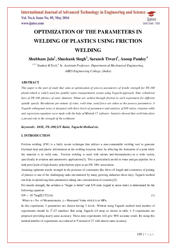 Pdf Optimization Of The Parameters In Welding Of Plastics Using Friction Welding