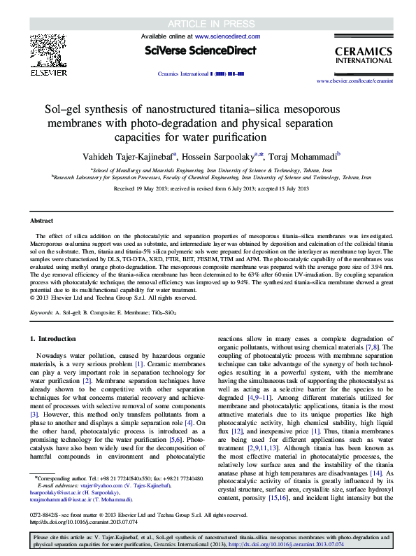 (PDF) Sol–gel synthesis of nanostructured titania–silica mesoporous membranes with photo ...