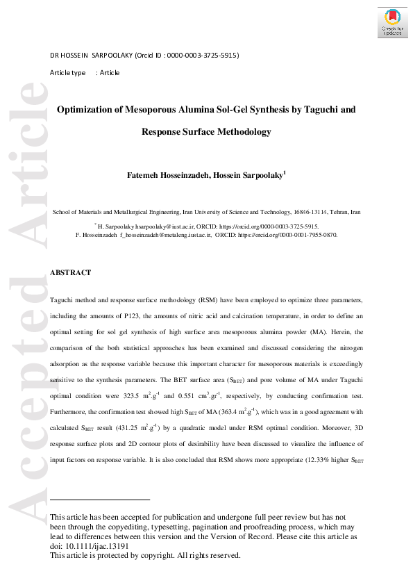 (PDF) Optimization of Mesoporous Alumina Sol-Gel Synthesis by Taguchi and Response Surface ...