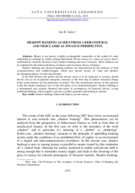 (PDF) Shadow Banking as Seen from a Behavioural and Neoclassical Finance Perspective