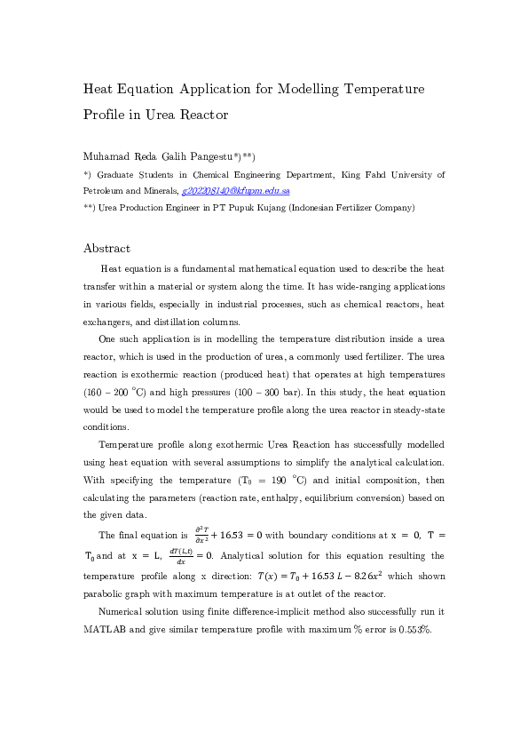 Pdf Heat Equation Application For Modelling Temperature Profile In Urea Reactor