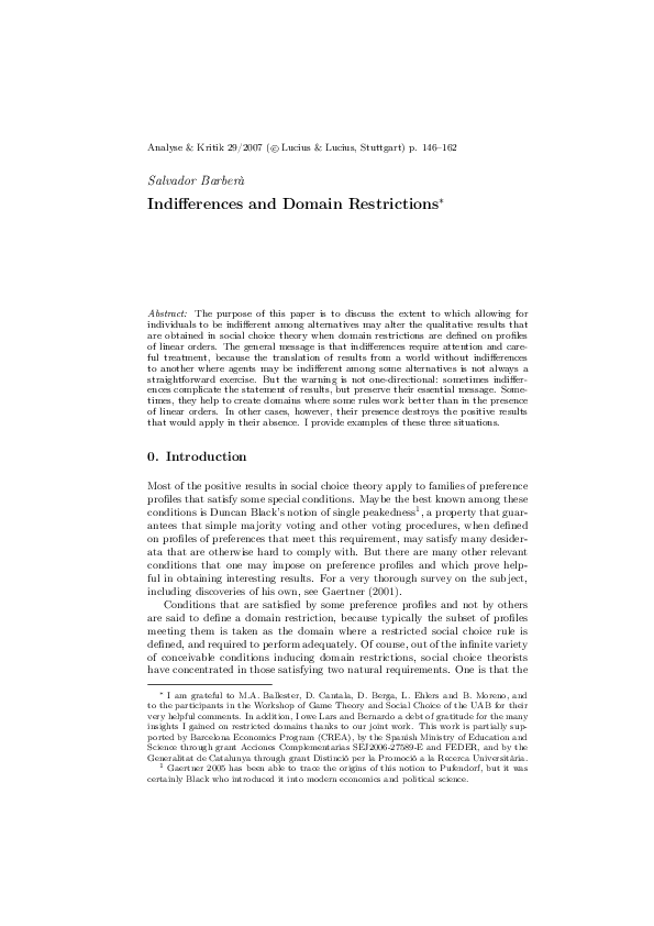 (PDF) Indifferences and Domain Restrictions