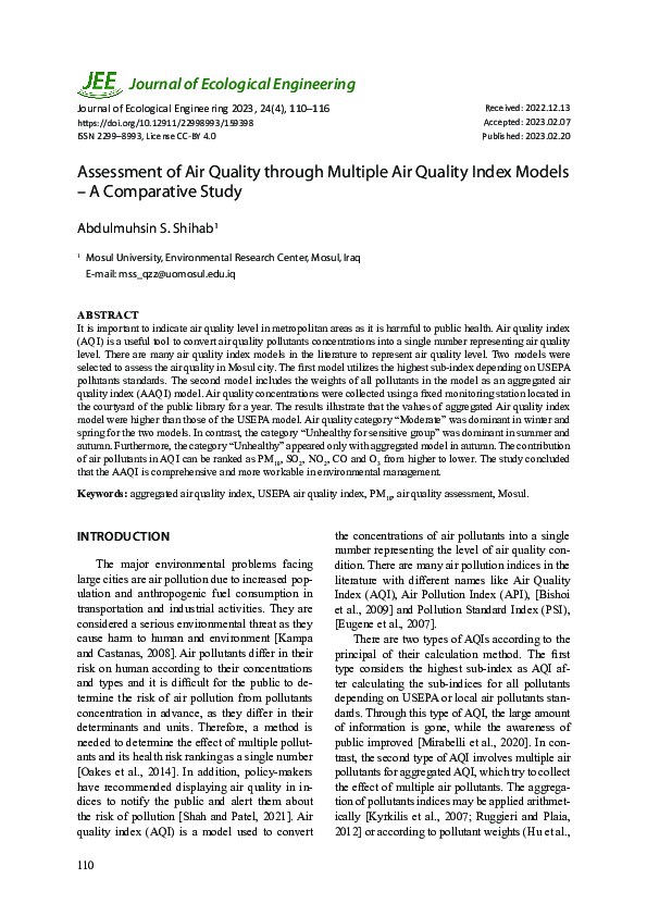 (PDF) Assessment of Air Quality through Multiple Air Quality Index Models – A Comparative Study