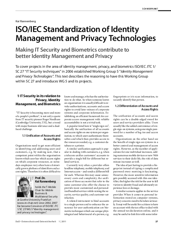 (PDF) ISO/IEC standardization of identity management and privacy ...