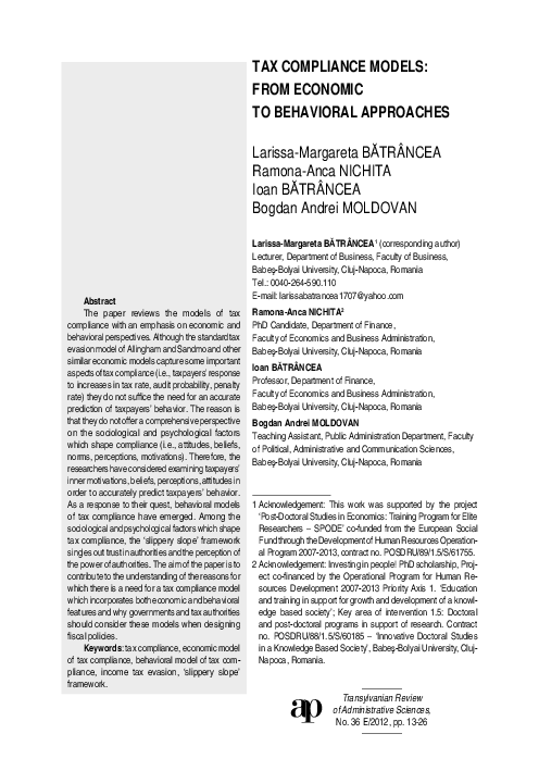 (PDF) Tax Compliance Models: From Economic to Behavioral Approaches