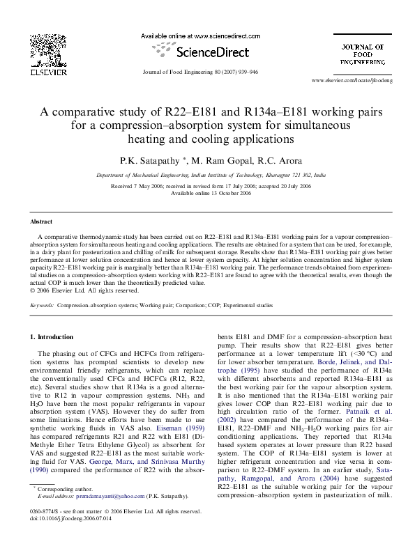 (PDF) A comparative study of R22–E181 and R134a–E181 working pairs for ...