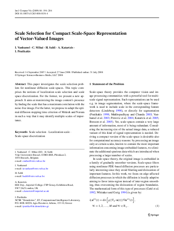 (PDF) Scale Selection for Compact Scale-Space Representation of Vector-Valued Images