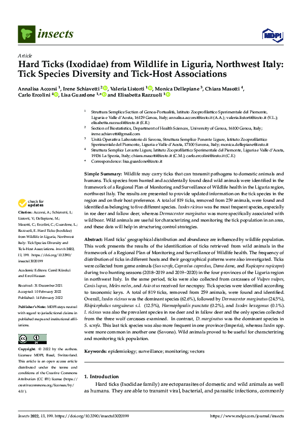 Hard Ticks (Ixodidae) from Wildlife in Liguria, Northwest Italy: Tick ...