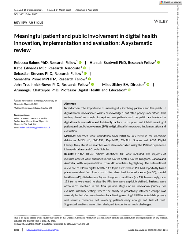 (PDF) Meaningful patient and public involvement in digital health innovation, implementation and ...