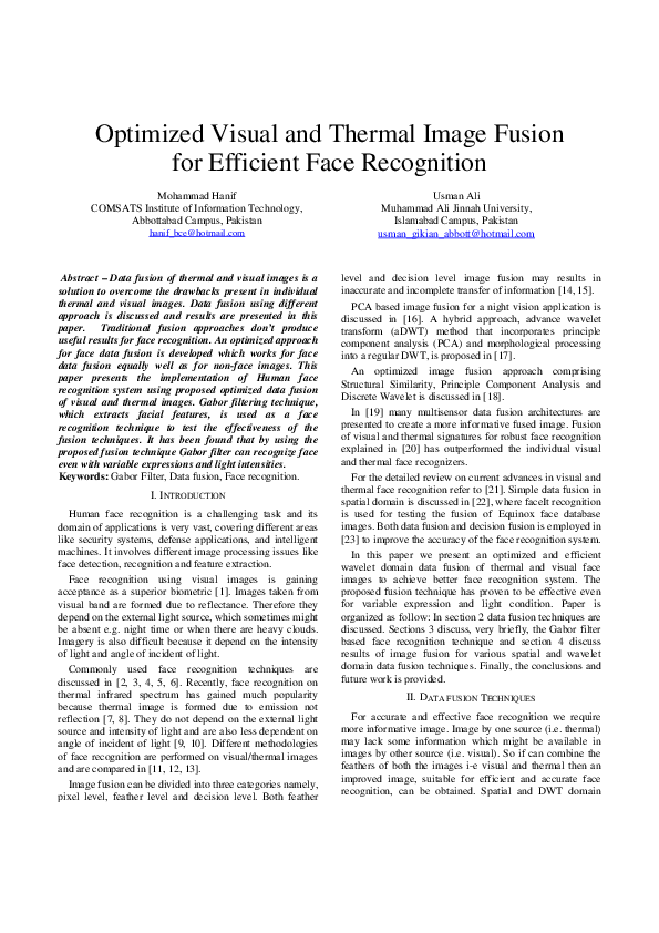 Pdf Optimized Visual And Thermal Image Fusion For Efficient Face